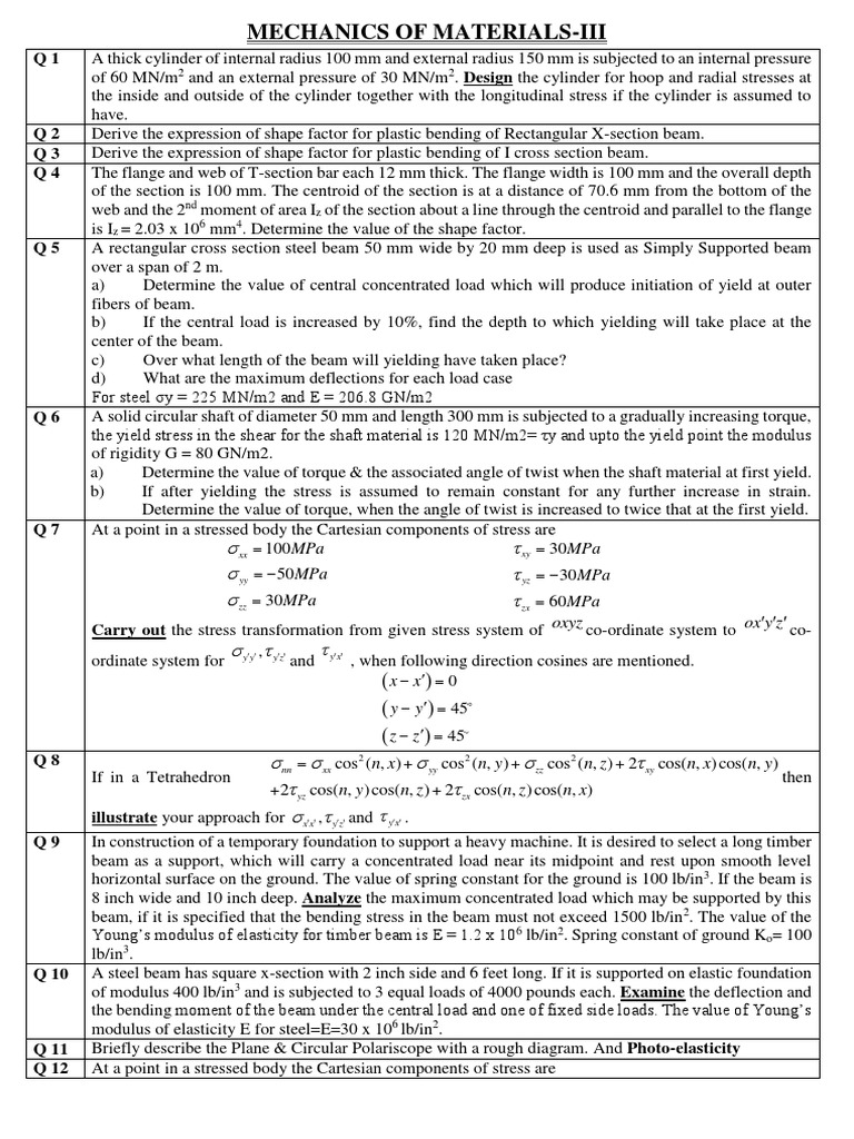 Mechanics of Materials Problems | PDF | Bending | Beam (Structure)