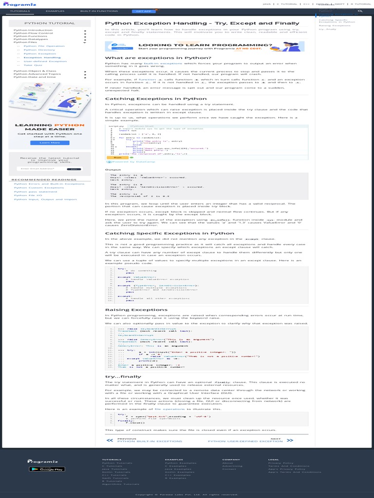 Python Exception Handling Try Except And Finally Pdf Pdf Parameter Computer Programming