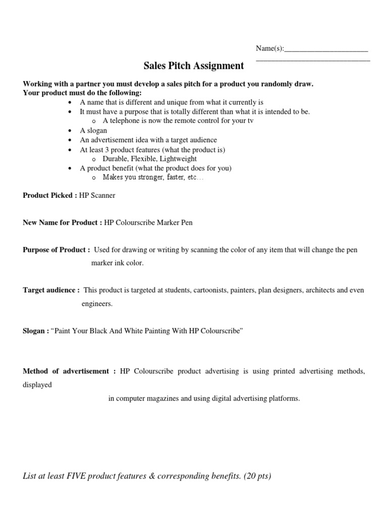Sales Pitch Assignment: List at Least FIVE Product Features ...