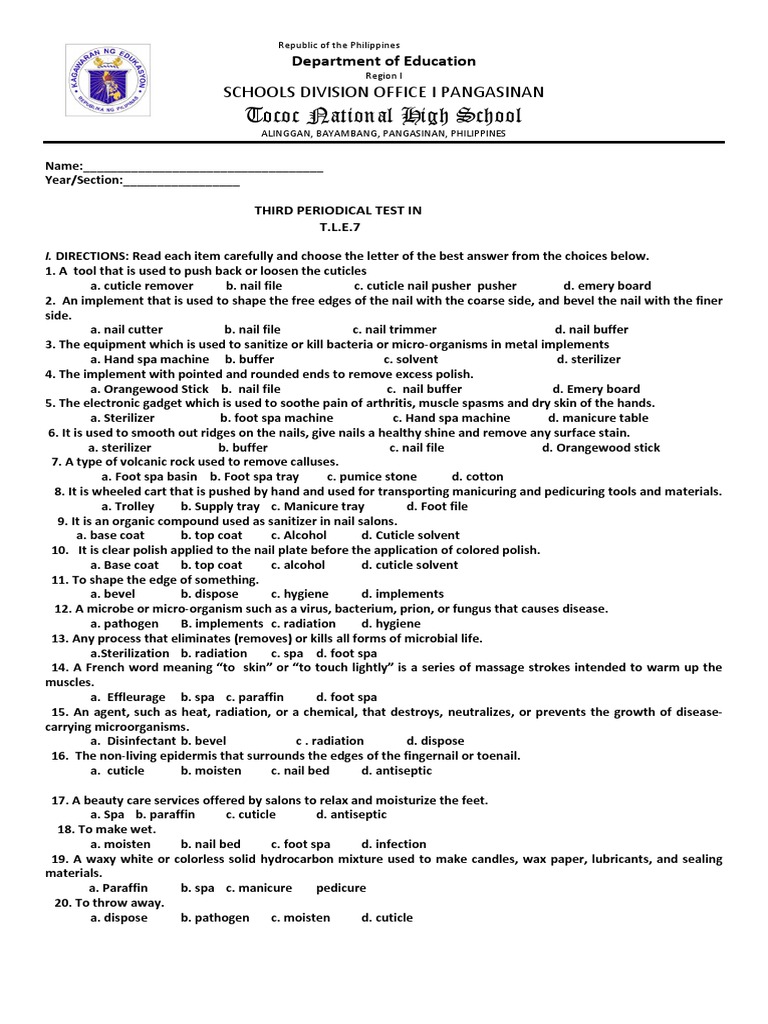 Tle Exam | PDF | Disinfectant | Nail (Anatomy)