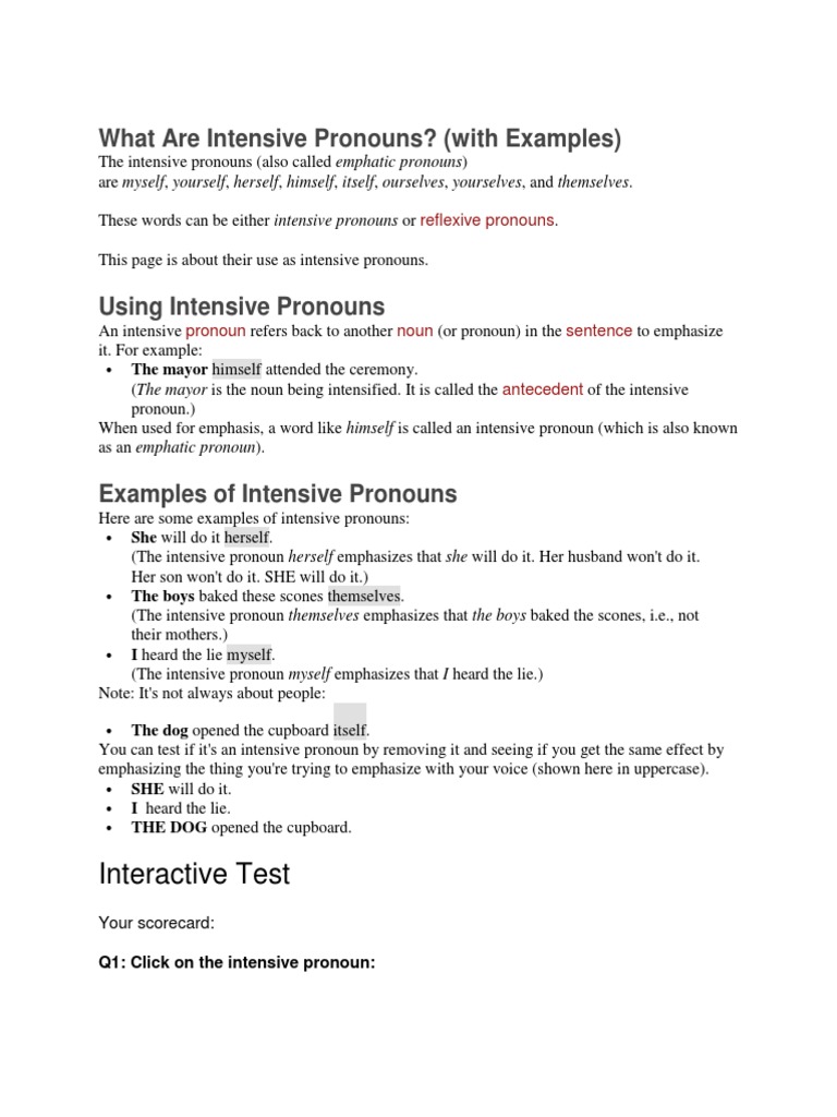 What Are Intensive Pronouns? (With Examples) : Interactive Test | PDF ...