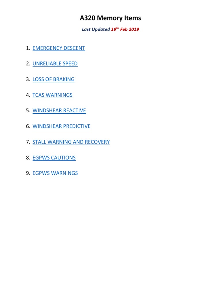 A320 Emergency Memory Items Guide | PDF | Takeoff | Flight