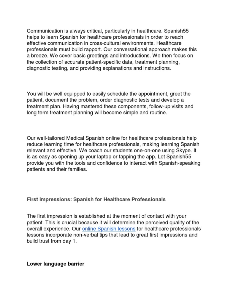 Medical Spanish For Healthcare Professionals | PDF | Patient | Health Care