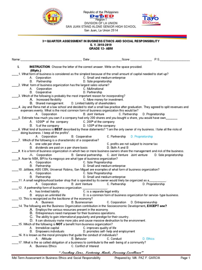 Business Ethics Assessment for Grade 12 | PDF | Corporations | Partnership