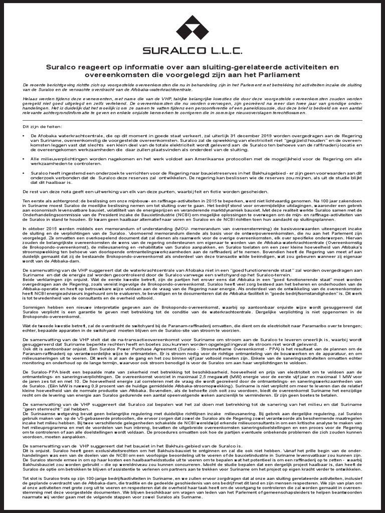 Suralco Over Deal Suriname-Alcoa - 13 Juli 2019 | PDF