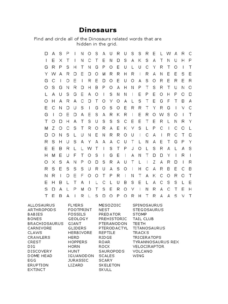 Dinosaurs: Find and Circle All of The Dinosaurs Related Words That Are ...