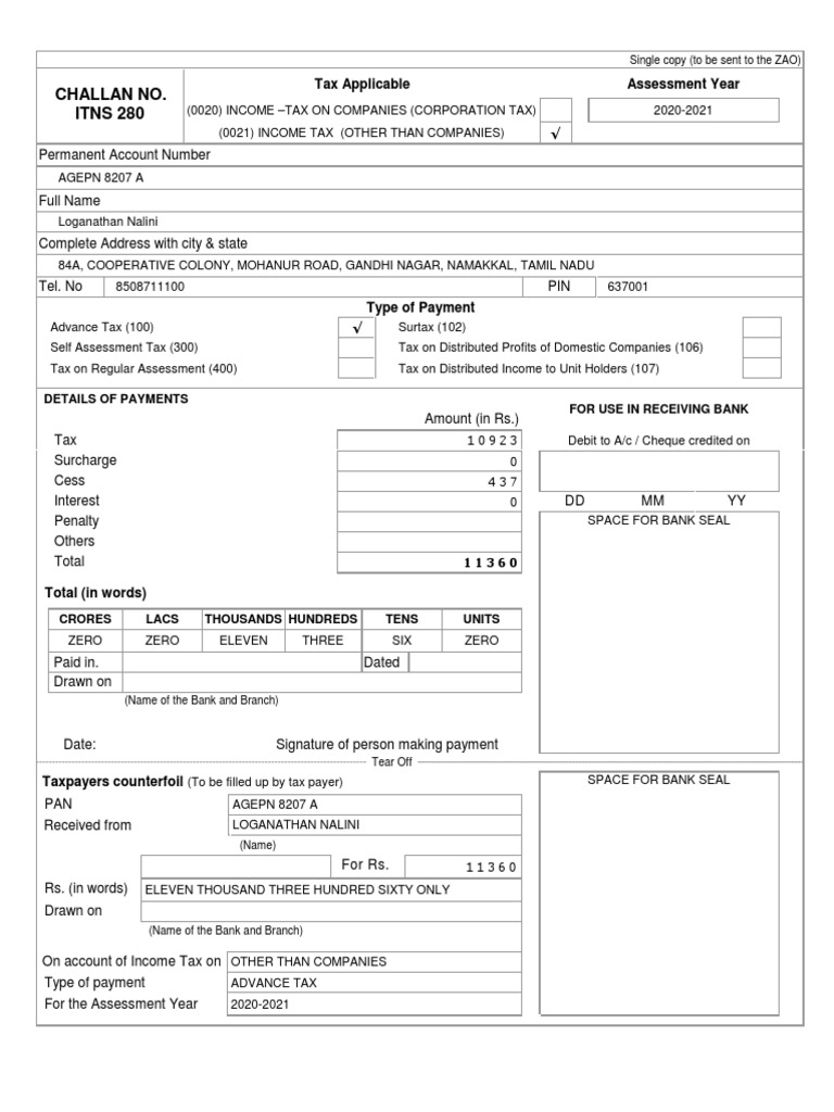 Challan No. ITNS 280: Tax Applicable Assessment Year | PDF | Payments ...