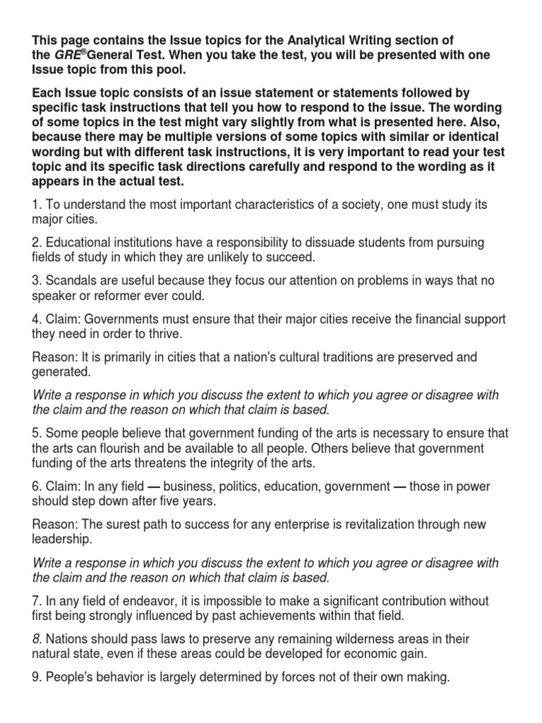 ETS GRE Issue Topic Pool | PDF | Reason | Graduate Record Examinations