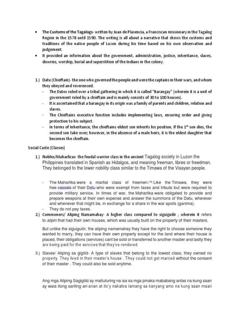 Tagalog Customs and Social Classes | PDF