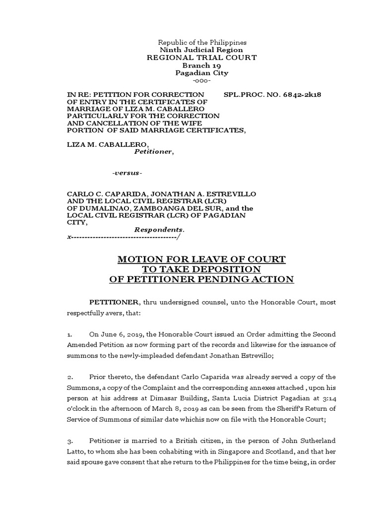 Motion For Deposition-Taking Pending Action Caballero-Liza | PDF ...