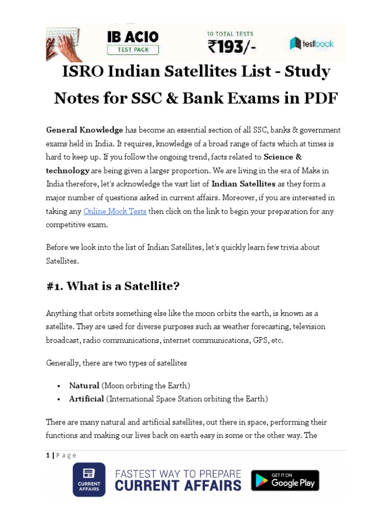 ISRO Indian Satellites List Study Notes For SSC Bank Exams in PDF | PDF ...