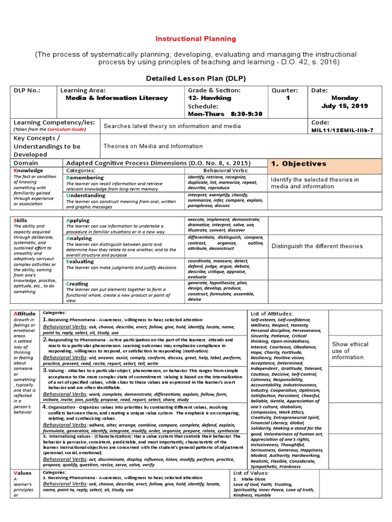 Detailed Lesson Plan (DLP) : Instructional Planning | PDF | Value ...
