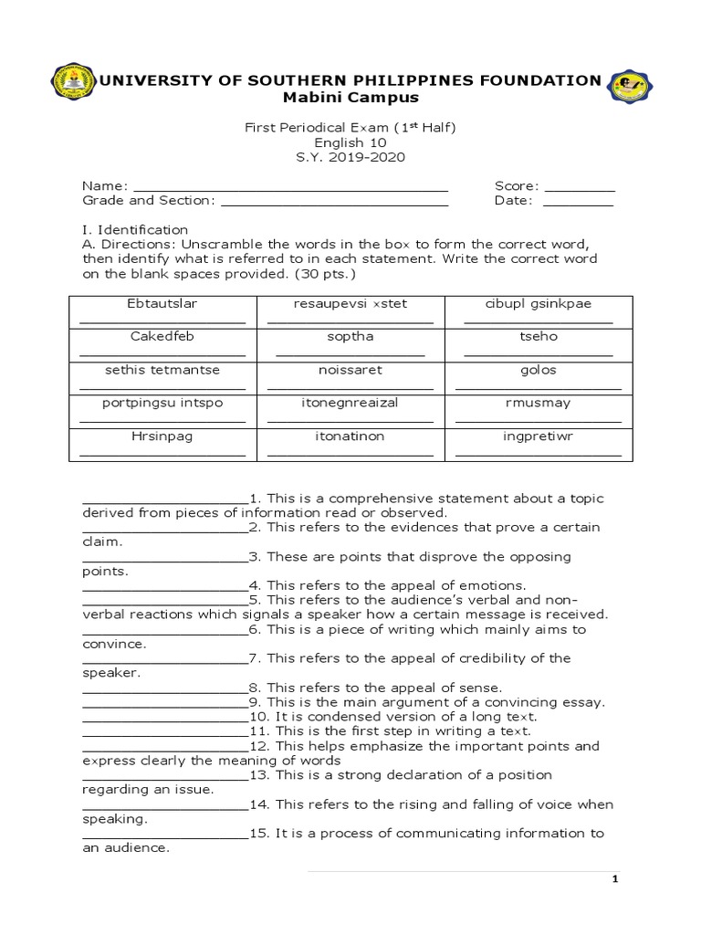 English 10 First Grading Exam | PDF | Psychological Concepts | Cognition