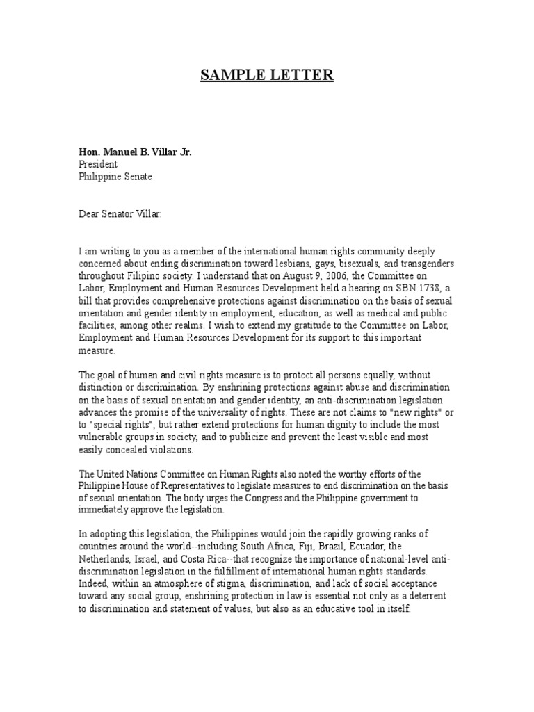 Sample Letter: Hon. Manuel B. Villar JR | PDF | Discrimination | Sexual ...