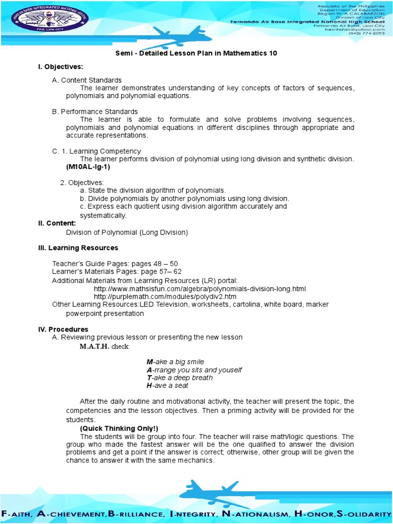 Cot Final DLP | PDF | Division (Mathematics) | Learning