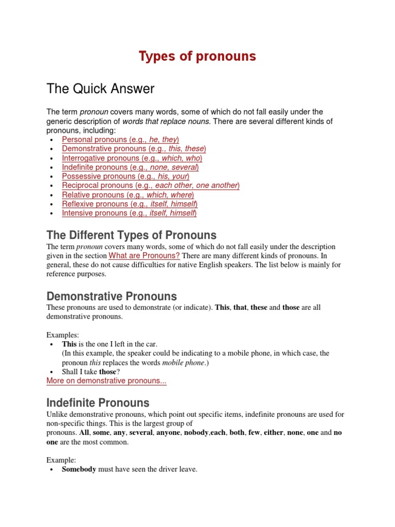 The Quick Answer: Types of Pronouns | PDF | Pronoun | Onomastics