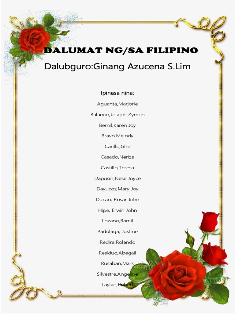 Dalumat Ng/Sa Filipino: Dalubguro:Ginang Azucena S.Lim | PDF