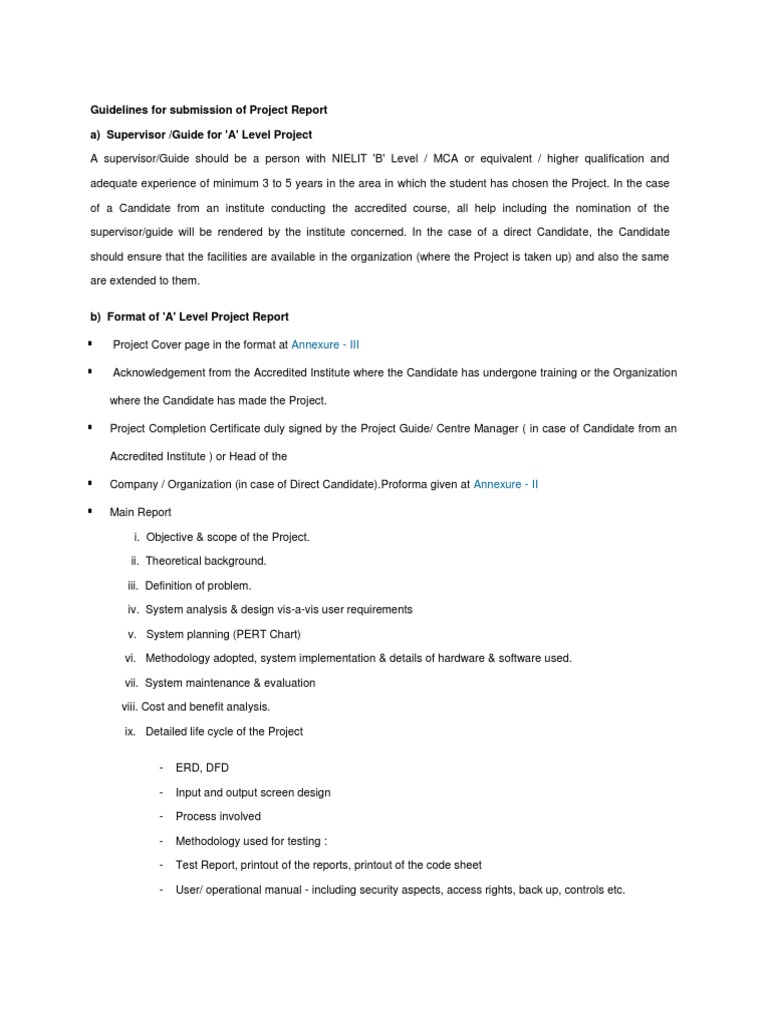 Guidelines For Submission of Project Report A) Supervisor /guide For 'A' Level Project | PDF ...