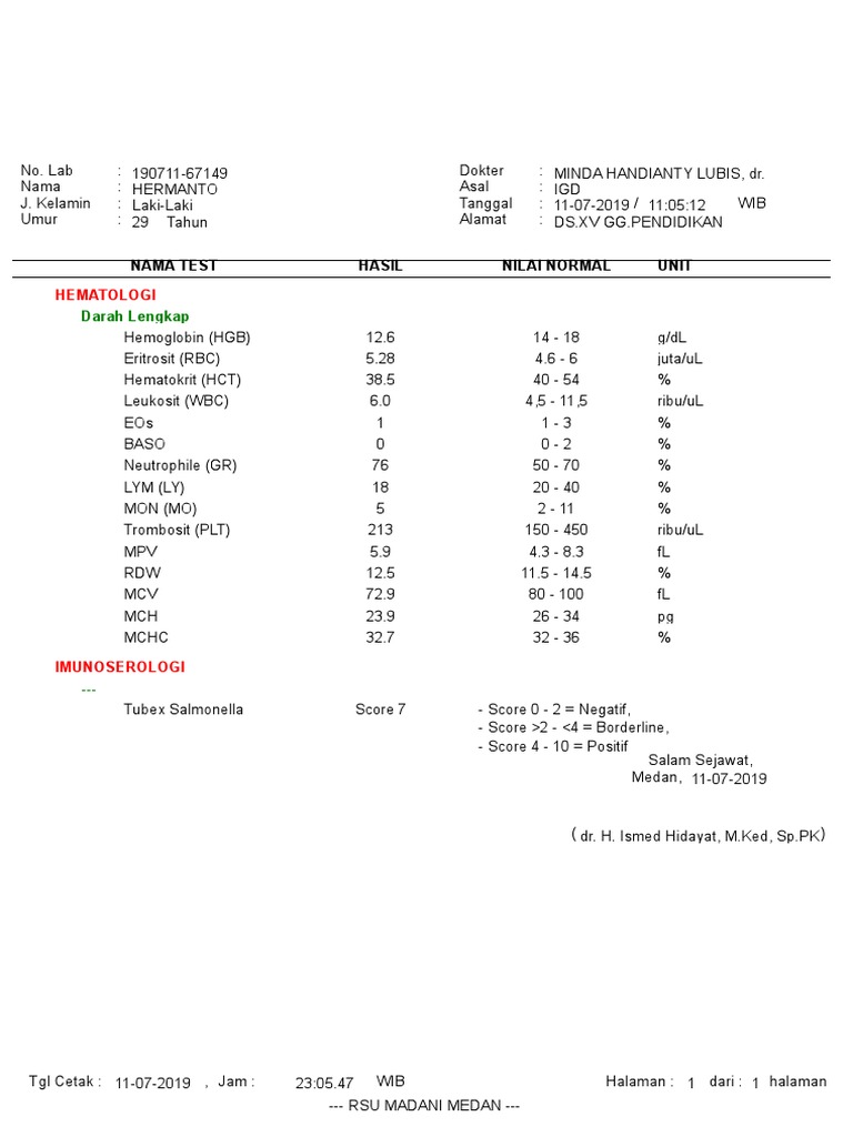 Hasil Nilai Normal Unit Nama Test: Darah Lengkap | PDF