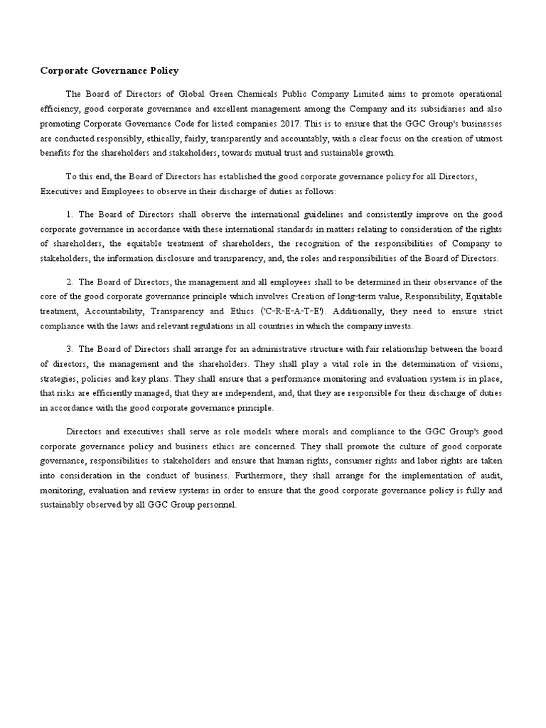 GGC CG Policy en | PDF | Corporate Governance | Business Ethics