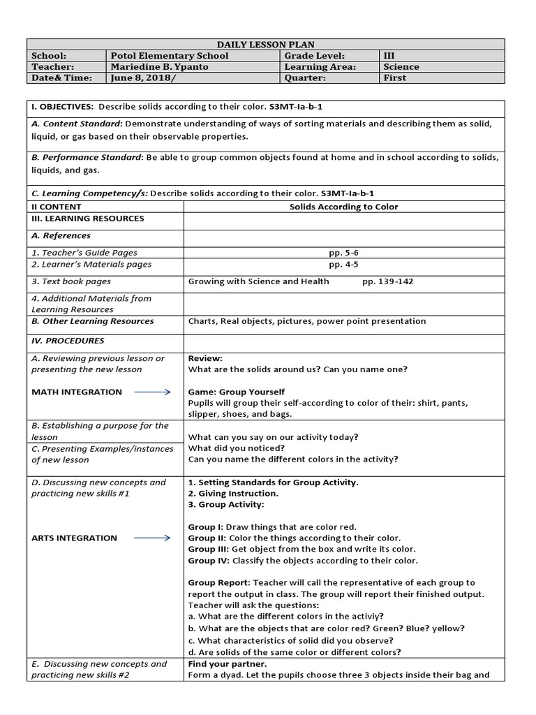 1st Quarter Science3-Cot | PDF | Lesson Plan | Psychology