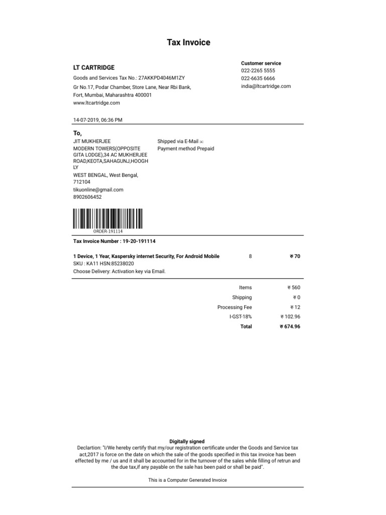 Tax Invoice: LT Cartridge | PDF