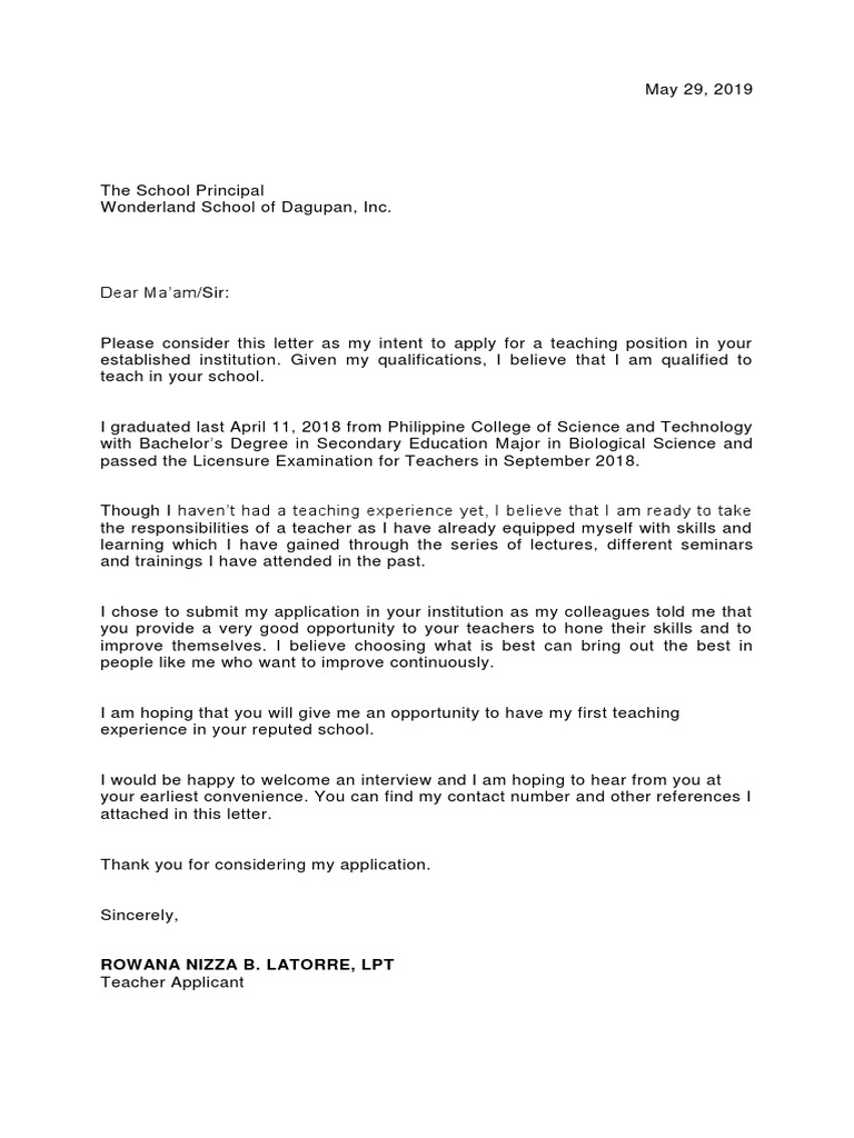Teaching Position Application Letter | PDF
