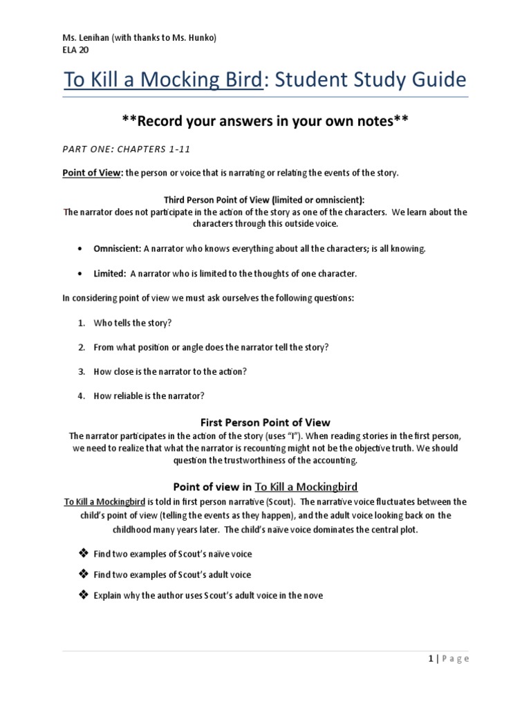 To Kill A Mocking Bird: Student Study Guide: Record Your Answers in ...