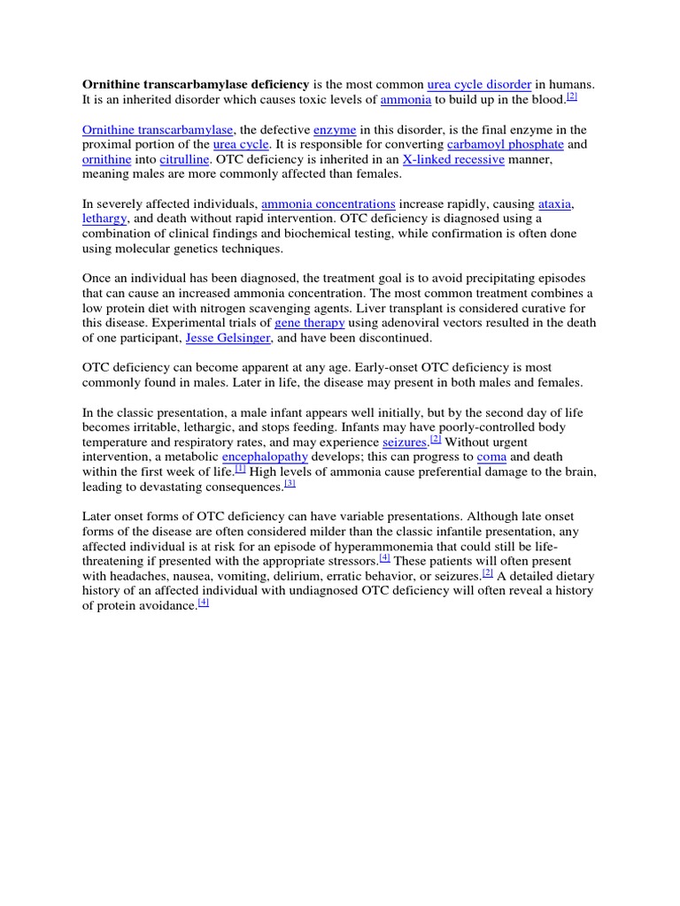 Ornithine Transcarbamylase Deficiency: An Inherited Urea Cycle Disorder ...
