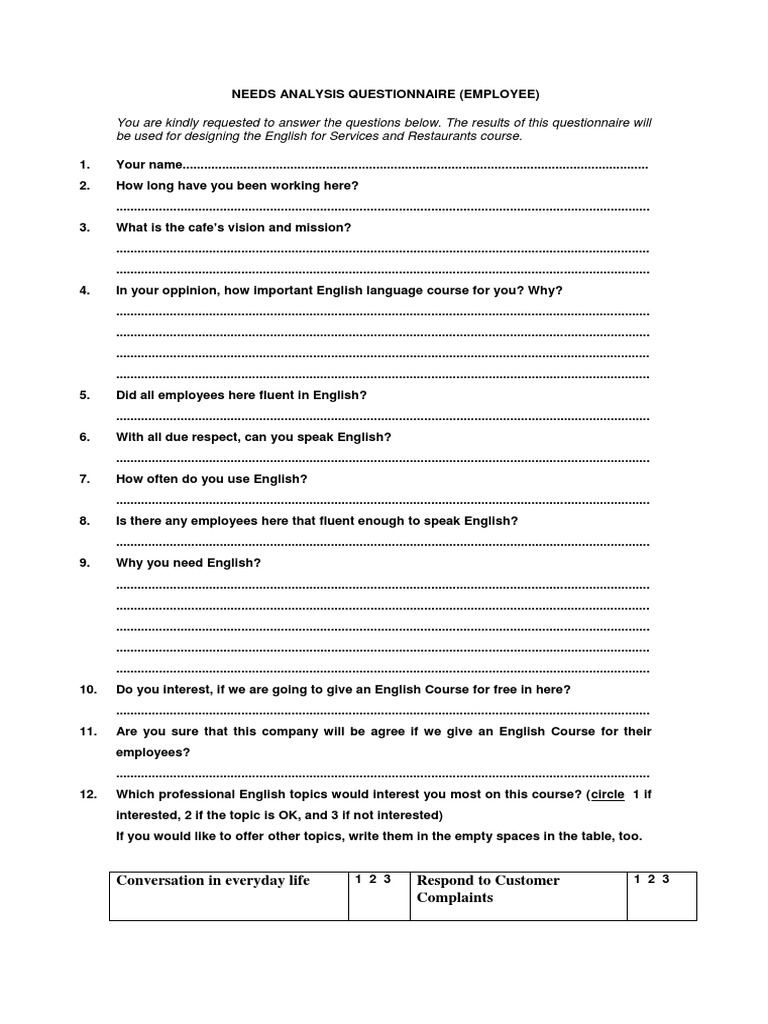 Need Analysis Employees | PDF | English Language | Semiotics