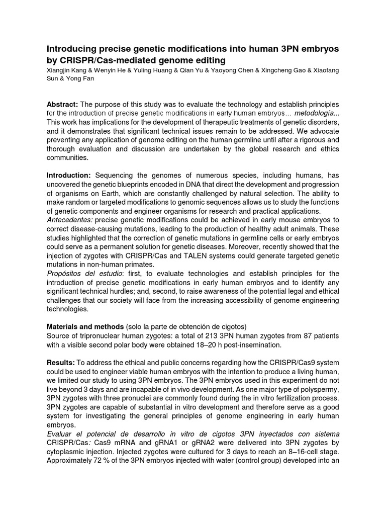 Introducing Precise Genetic Modifications Into Human 3PN Embryos by ...