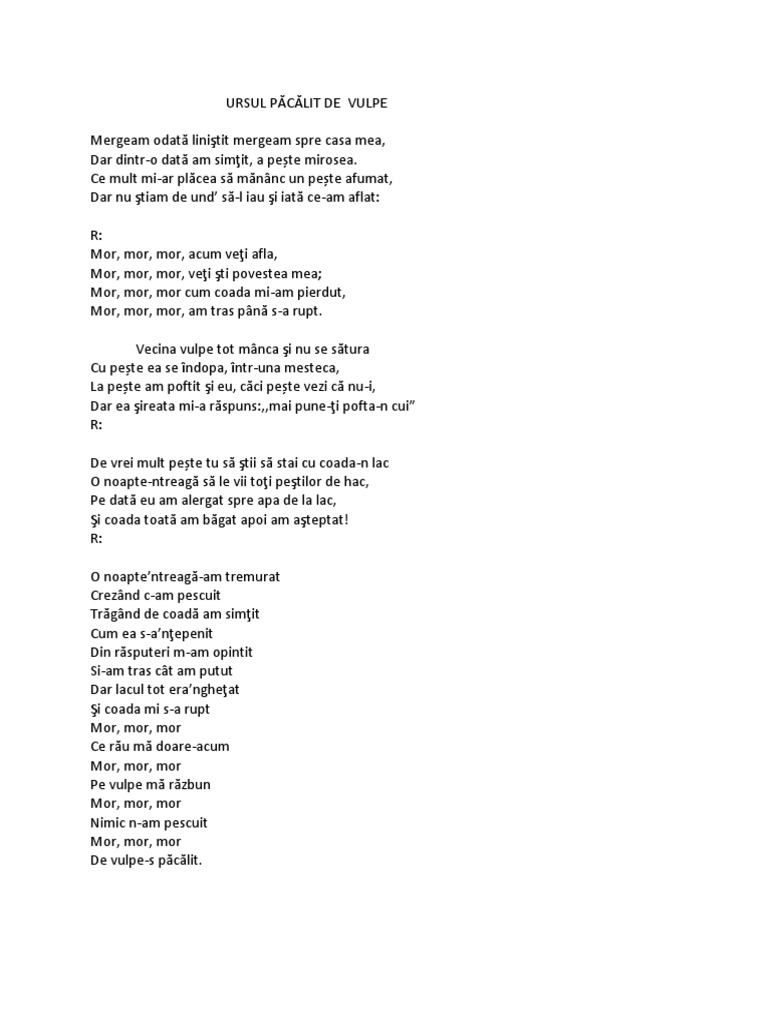 Versuri Ursul Pacalit de Vulpe | PDF
