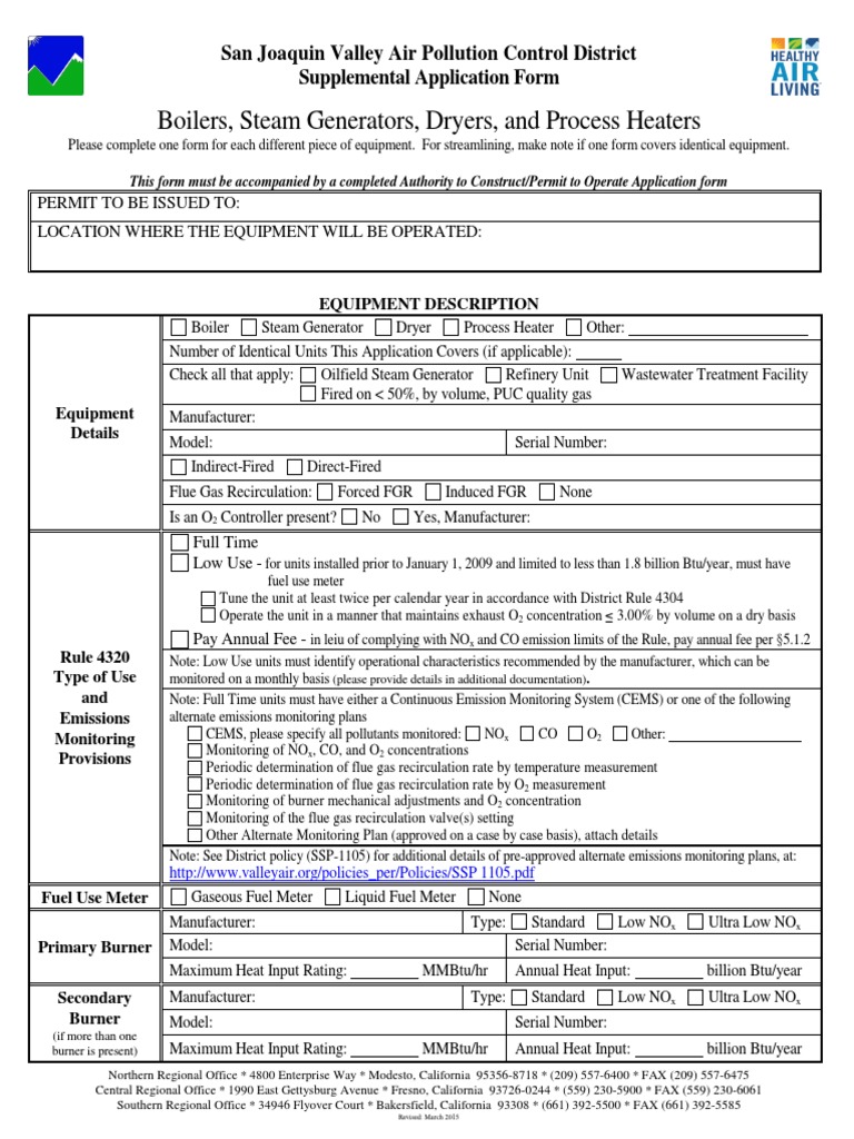 San Joaquin Valley Equipment Permit Form | PDF | Boiler | Natural Gas