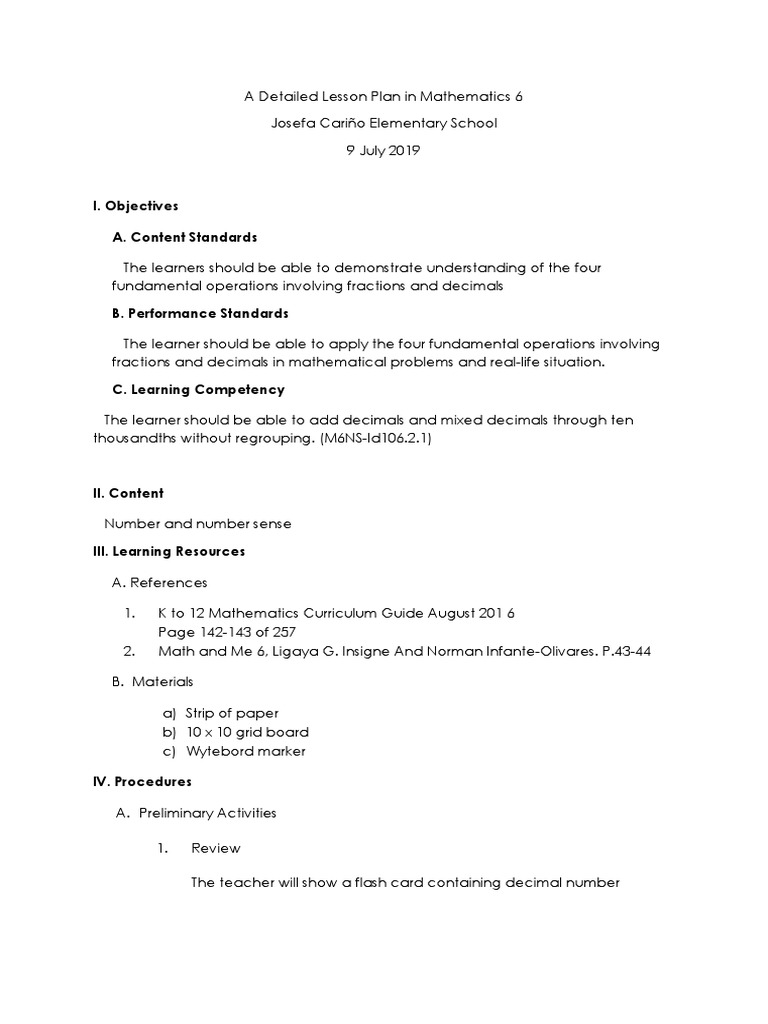 A Detailed Lesson Plan in Mathematics 6 | PDF | Lesson Plan | Numbers