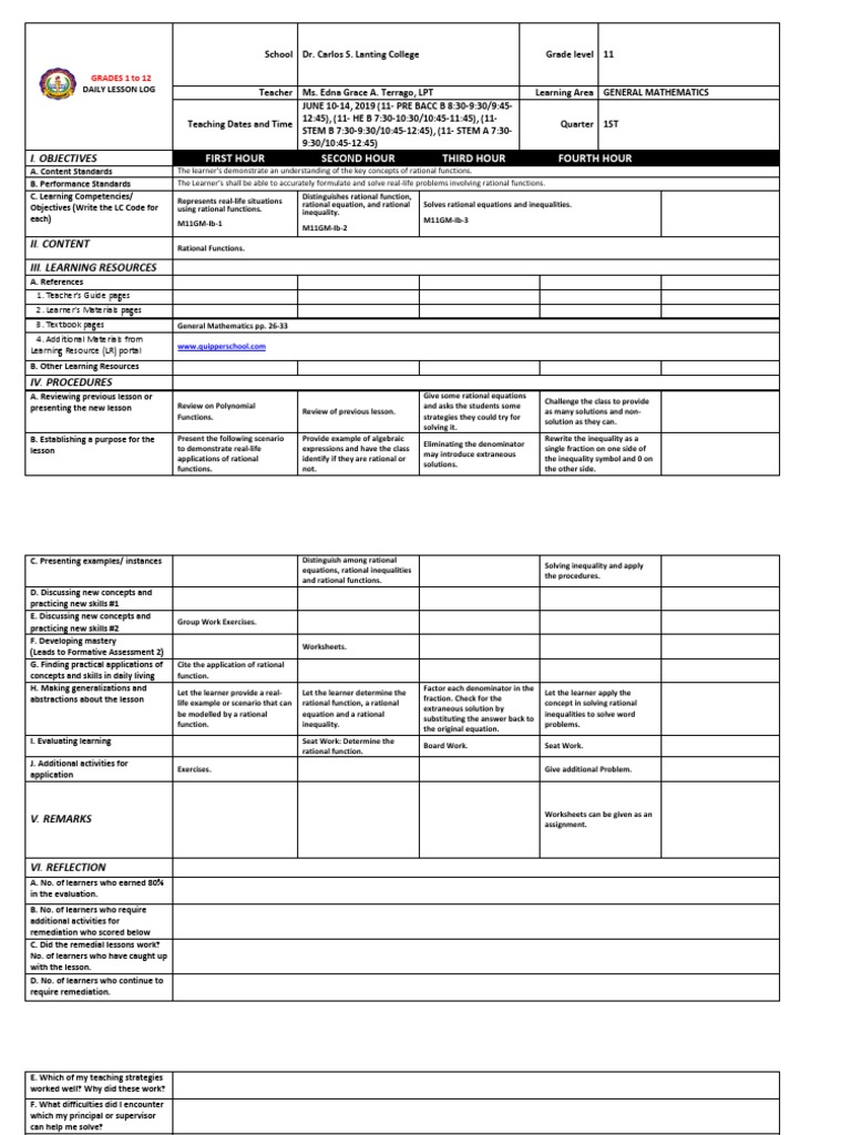 Daily Lesson Log Genmath (Week 2) | PDF | Equations | Fraction ...
