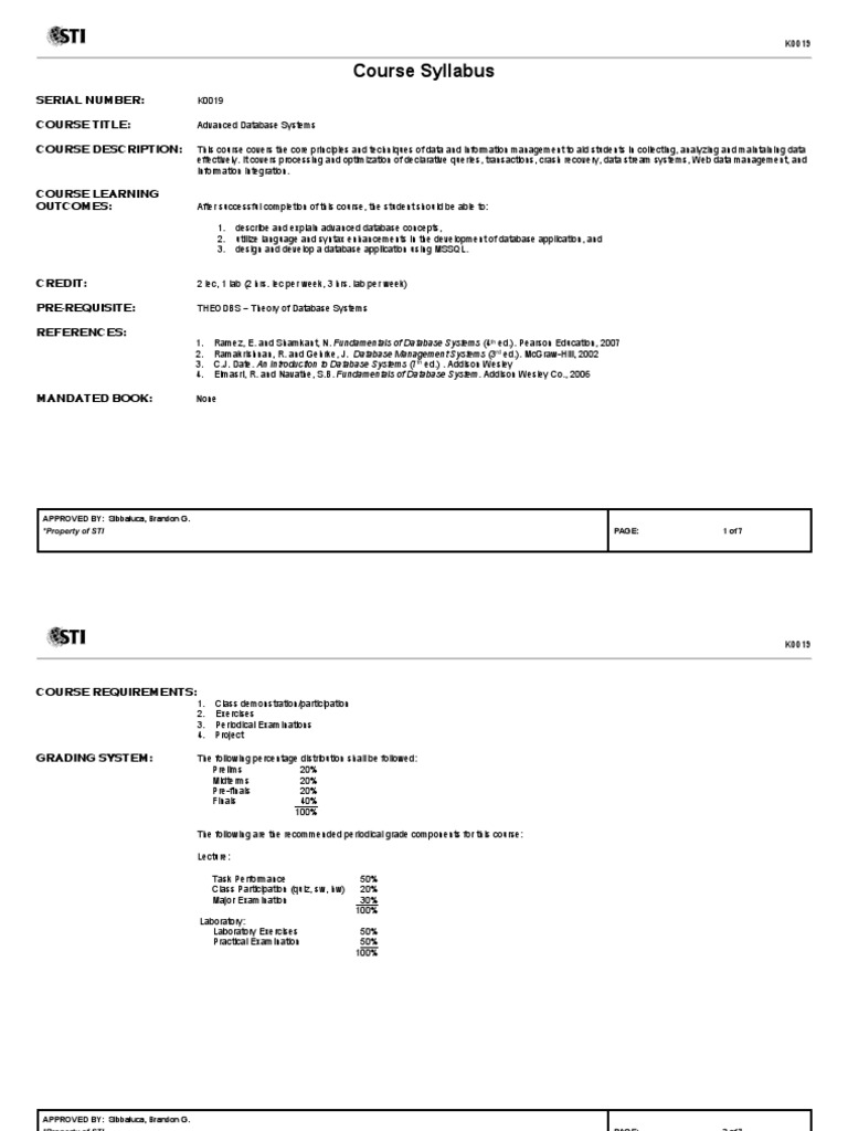 K0019 Syllabus and Course Outline | PDF | Databases | Test (Assessment)