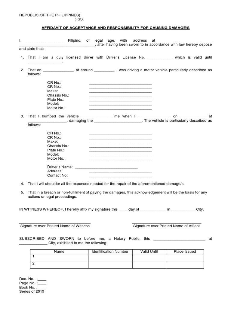 Affidavit of Acceptance and Responsibility For Causing Damage/s | PDF ...
