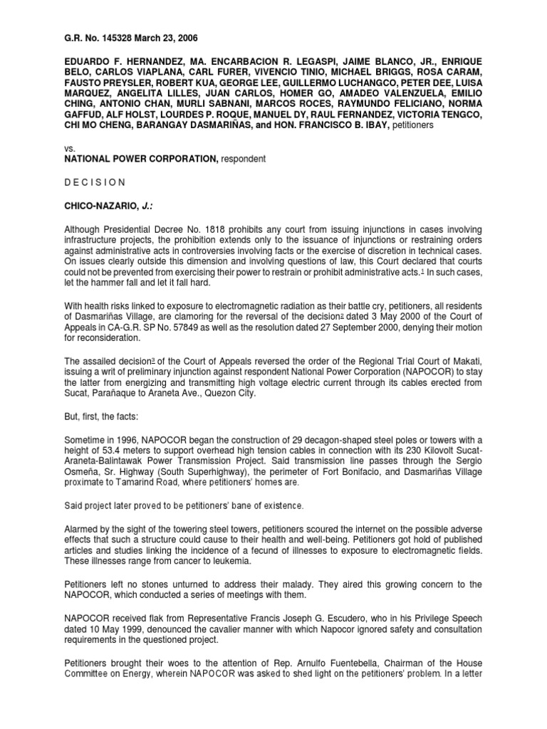 Hernandez Vs NAPOCOR - Natural Resources and Environmental Law | PDF | Injunction | Common Law