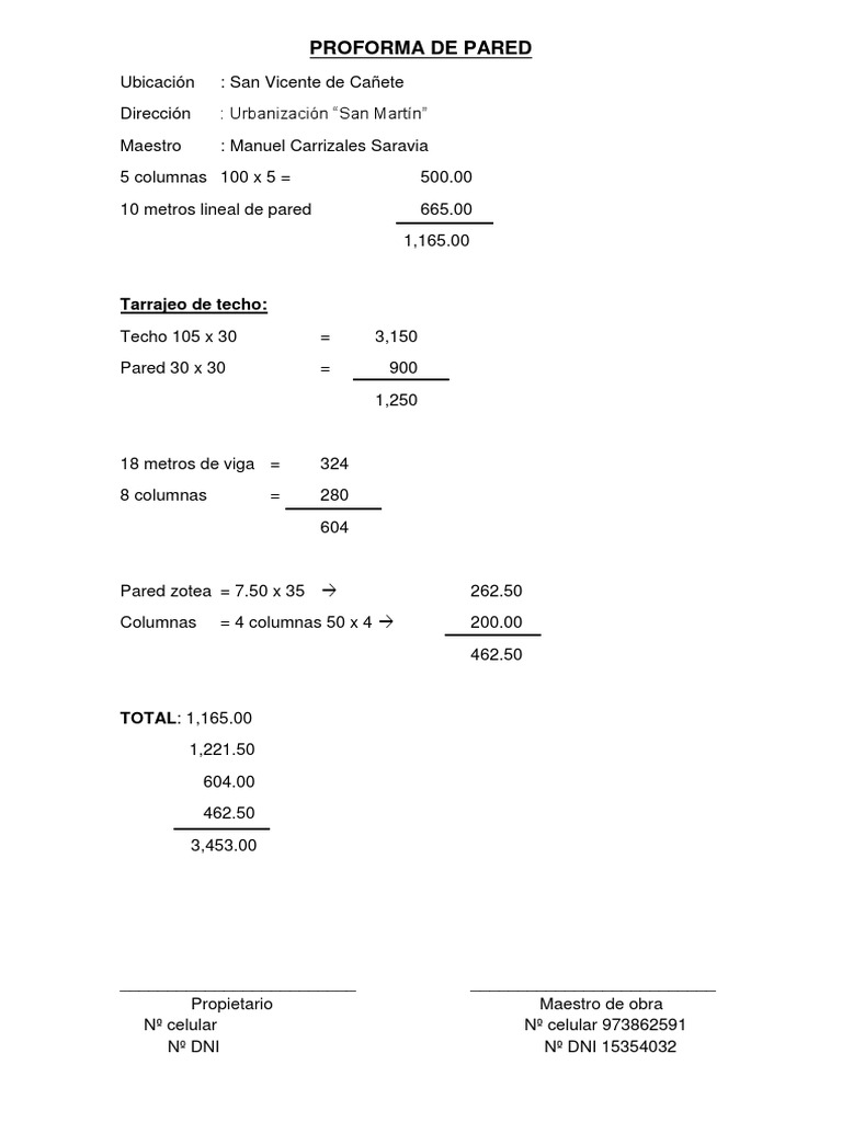 Proforma de construcción de pared perimétrica y techo de una vivienda ...