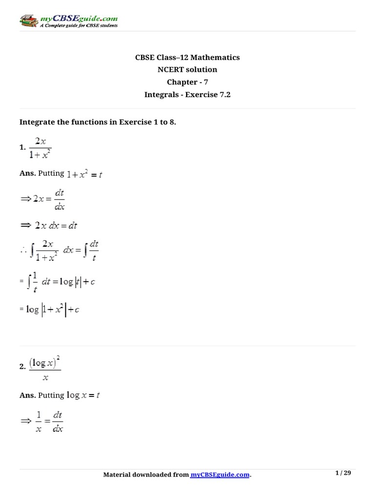 CBSE Class-12 Mathematics NCERT Solution Chapter - 7 Integrals ...