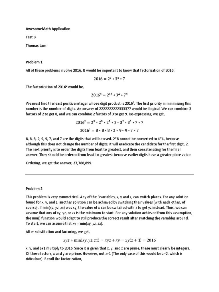 Awesomemath Application Test B Thomas Lam | PDF | Factorization ...