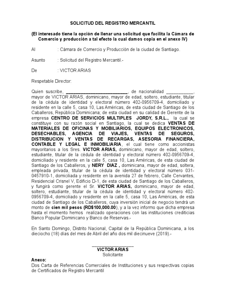 Solicitud de Registro Mercantil | República Dominicana | Santiago