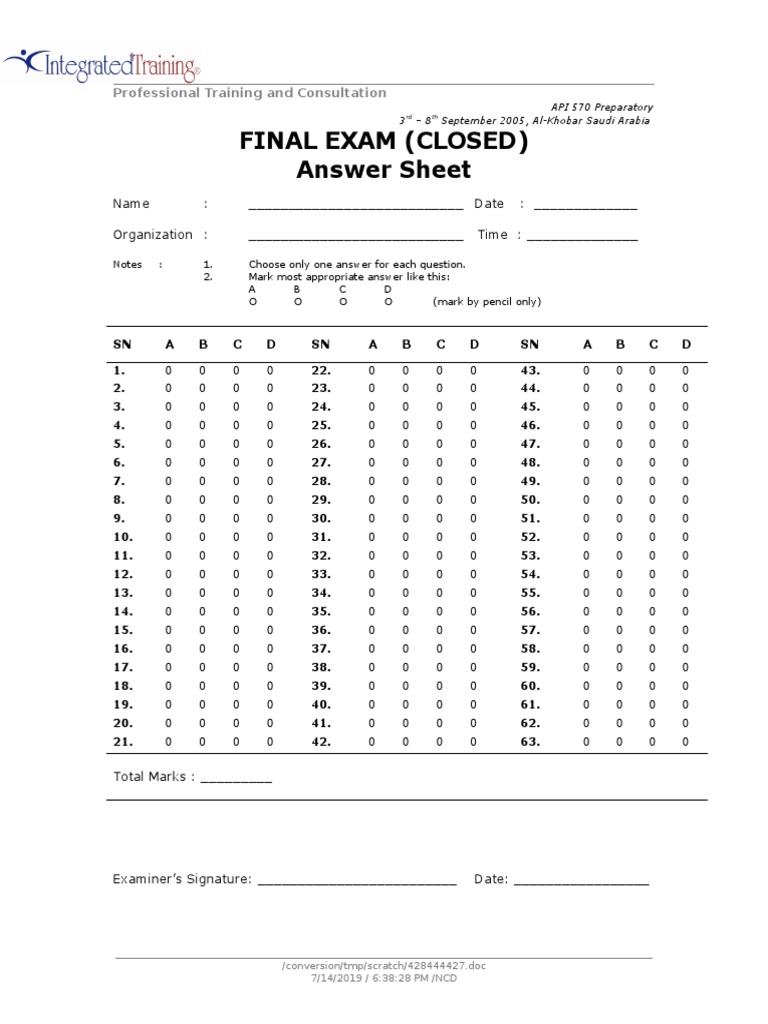 Final Exam (Closed) Answer Sheet | PDF
