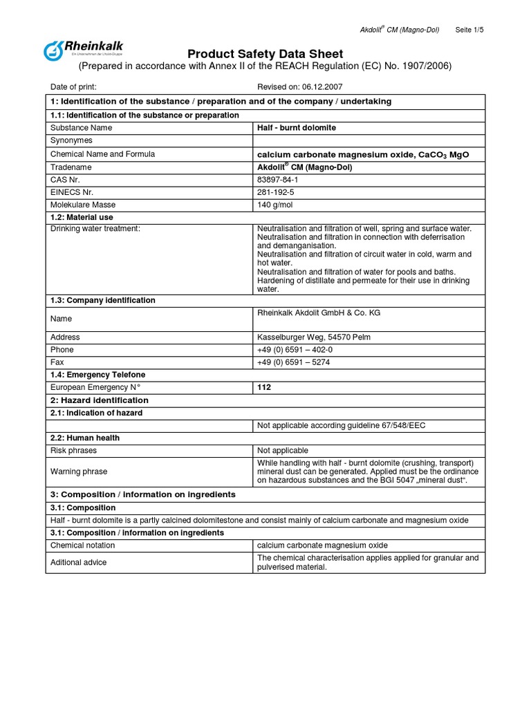 Dansand MSDS Akdolit CM Magno-Dol ENG | PDF | Magnesium | Personal ...