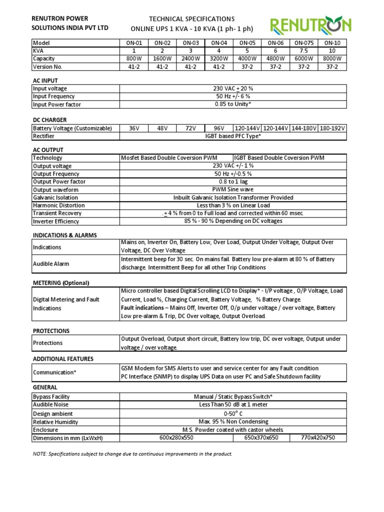 Technical Specifications ONLINE UPS 1 KVA - 10 KVA (1 ph-1 PH ...