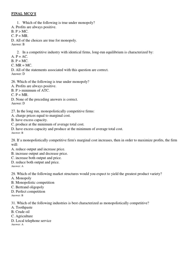 Final MCQ - Main Questions | PDF | Perfect Competition | Oligopoly