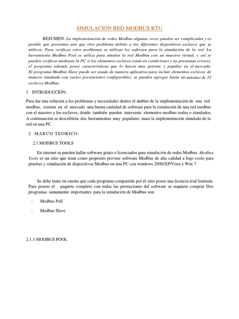 Simulación de Red Modbus RTU con Pool | PDF | Simulación | Software