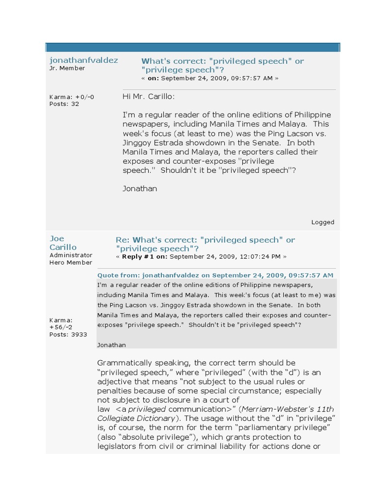 Jonathanfvaldez What's Correct: "Privileged Speech" or "Privilege ...