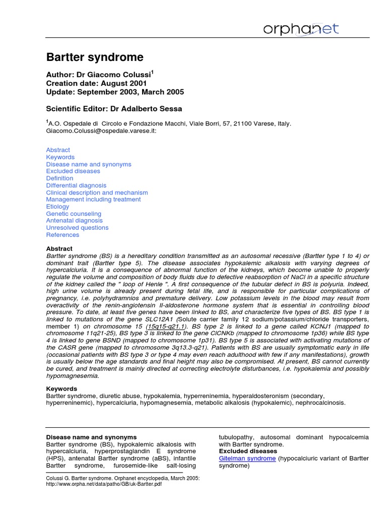 Bartter Syndrome | PDF | Medical Specialties | Clinical Medicine
