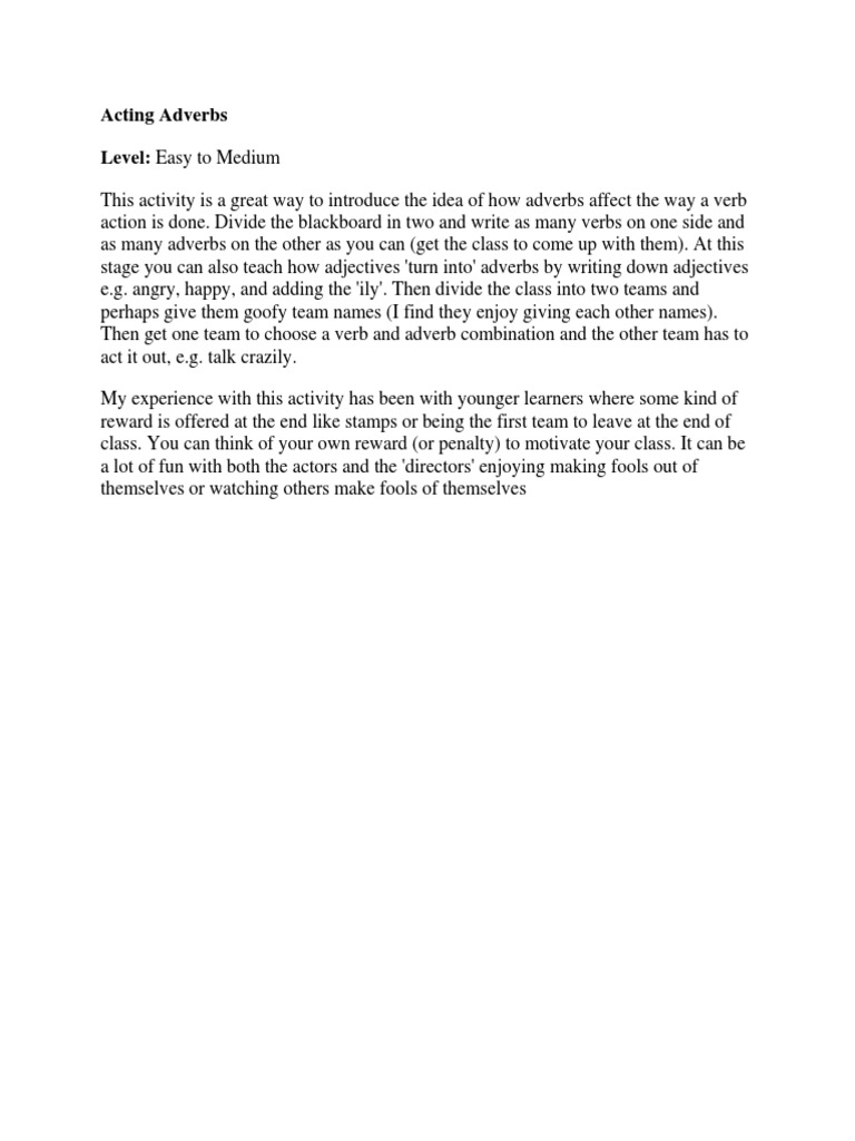 Acting Adverbs Level: Easy To Medium | PDF | Language Arts & Discipline